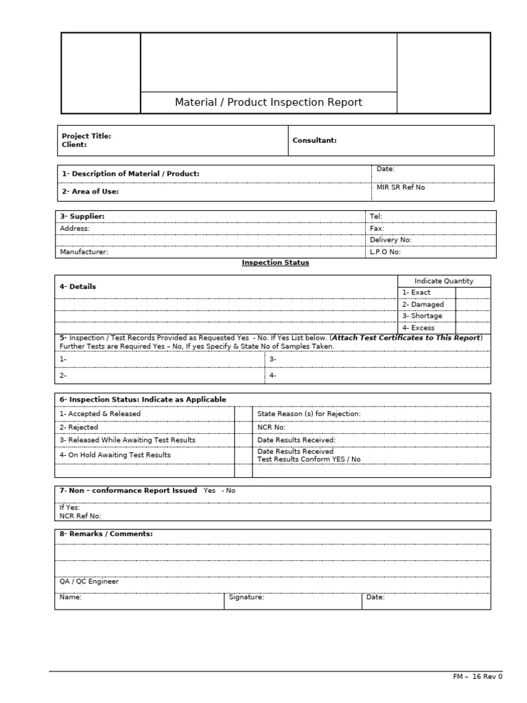 FM - 16 Material Inspection Report | PDF