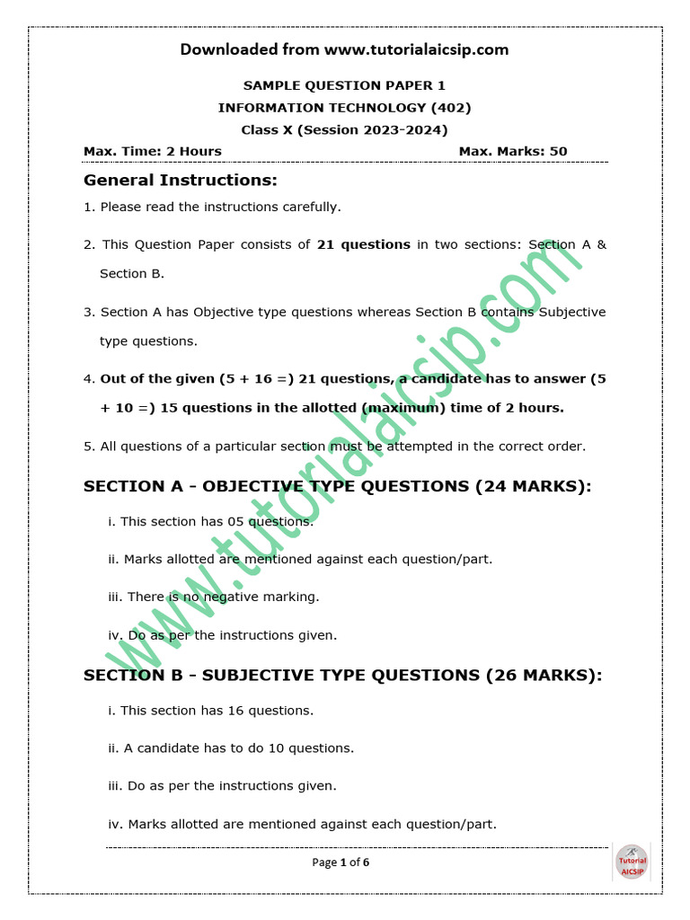 SQP 1 IT 20223-24 For Class 10 | PDF | Spreadsheet | Computers