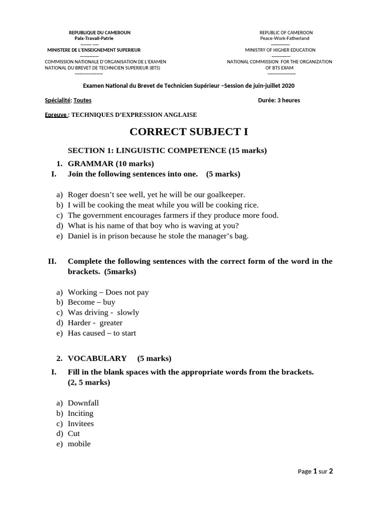 Corrige Sujet 1 Techniques d'Expression Anglaise | PDF