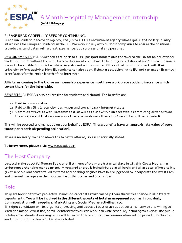 Hospitality Management Internship AQUHM0903 | PDF | Internship | Career ...