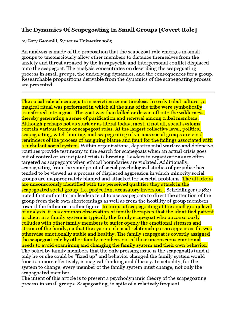 The Dynamics of Scapegoating in Small Groups (Gemmill 1989) (Covert ...