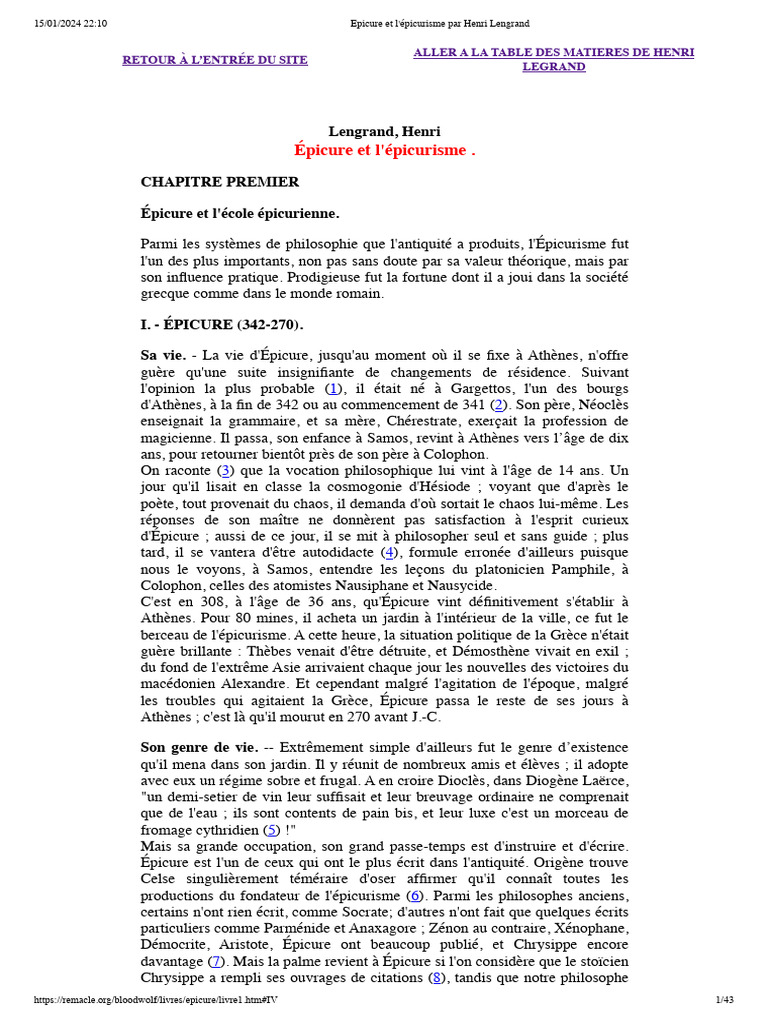 Epicure Et L'épicurisme Par Henri Lengrand | PDF