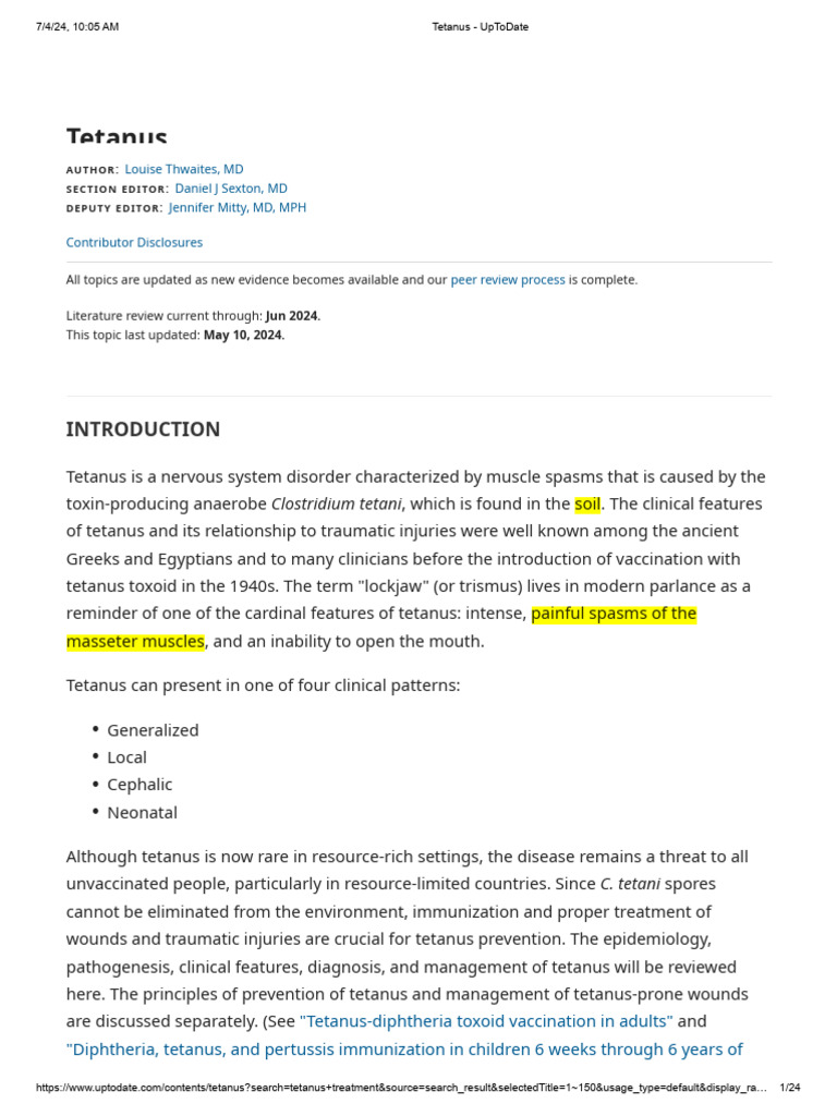 Tetanus - UpToDate | PDF