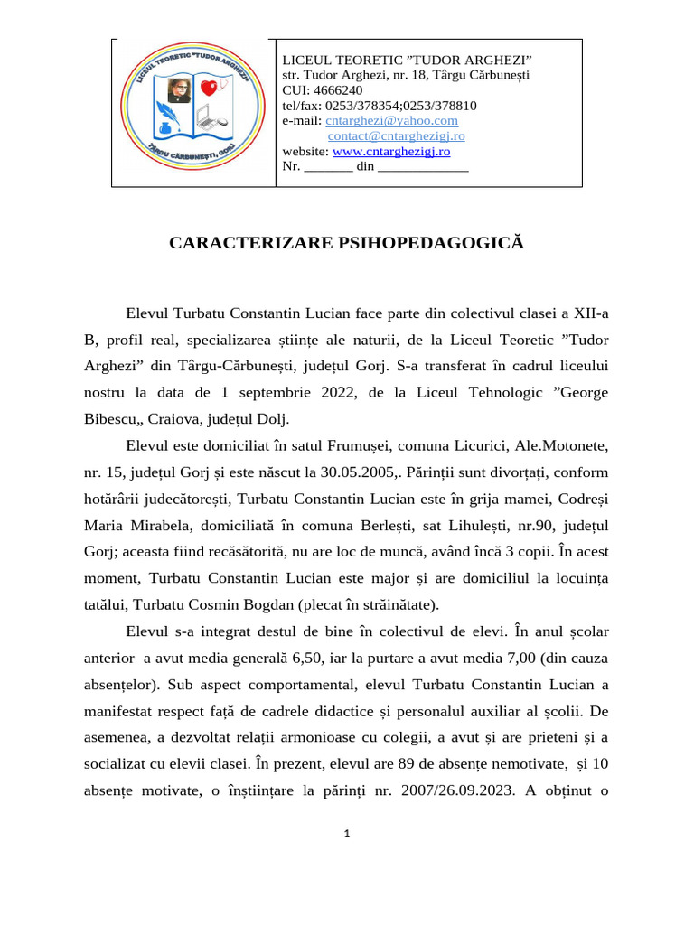 Caracterizare Psihopedagogică | PDF