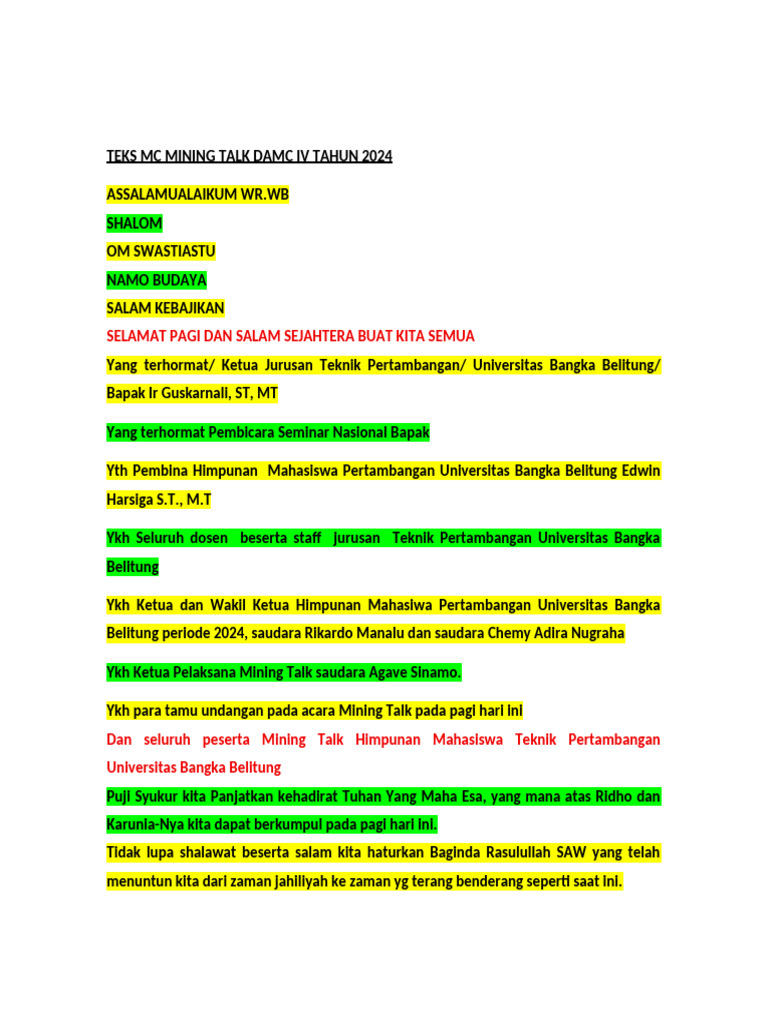 Teks MC Mining Talk Damc Iv Tahun 2024 | PDF