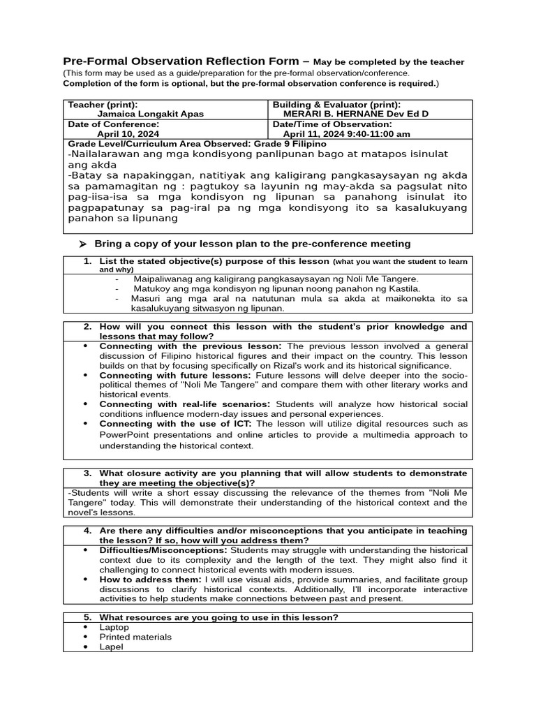 Pre-Formal-Observation-Reflection - Cot 2 | PDF