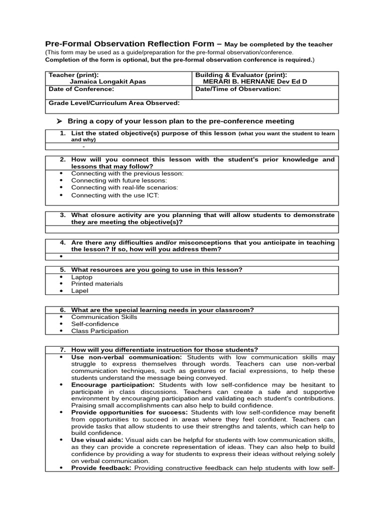 Pre-Formal-Observation-Reflection- cot 4 | PDF