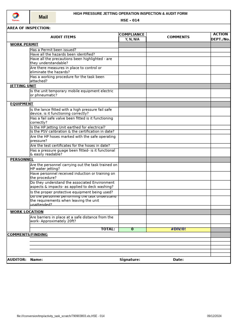 HSE-014 - High Pressure Jetting Operations Audit Form | PDF