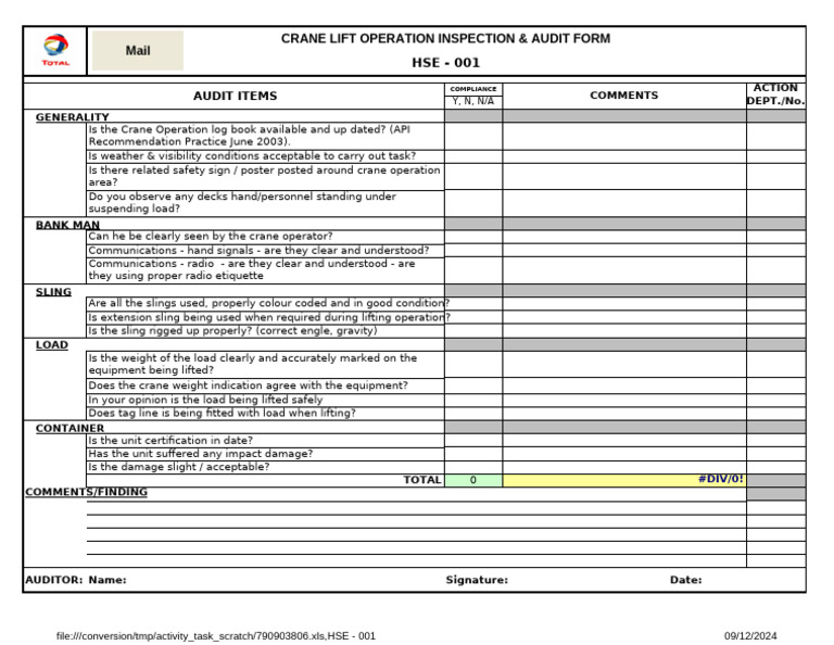 HSE-001 - Crane Lift Operation Inspection & Audit Form | PDF