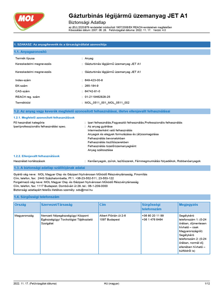 Gázturbinás Légijármű Üzemanyag JET A1 - MOL - 0511 - 001 - HU | PDF