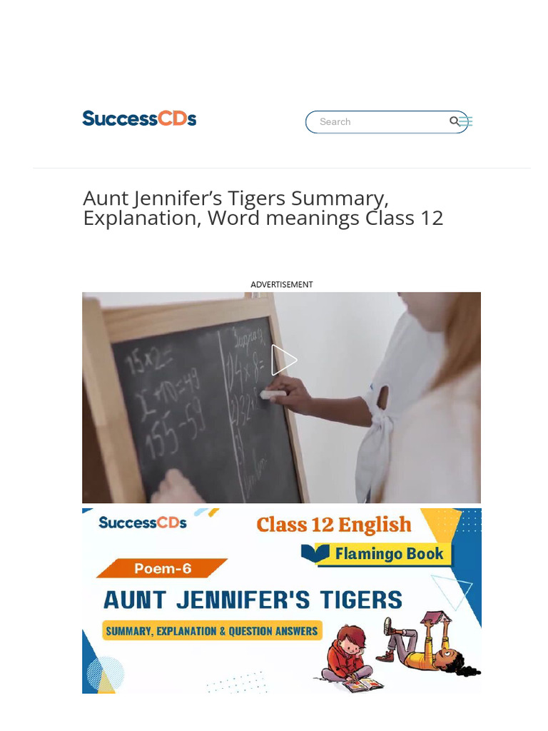 Cce Cbseclass Xiienglishaunt Jennifers Tigers Ncert Explanation Summary - HTML | PDF