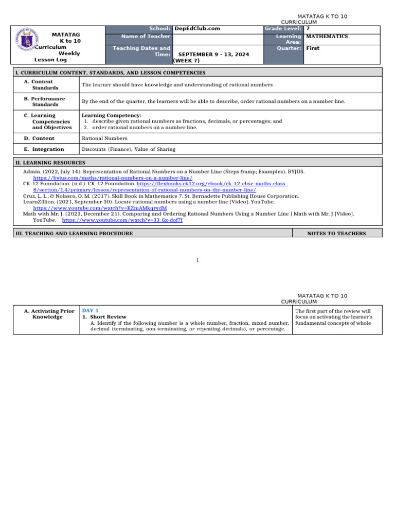 DLL Matatag - Math 7 Q1 W7 | PDF