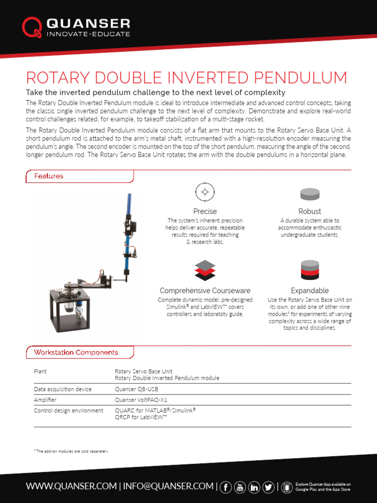 Rotary Double Inverted Pendulum Data Sheet | PDF