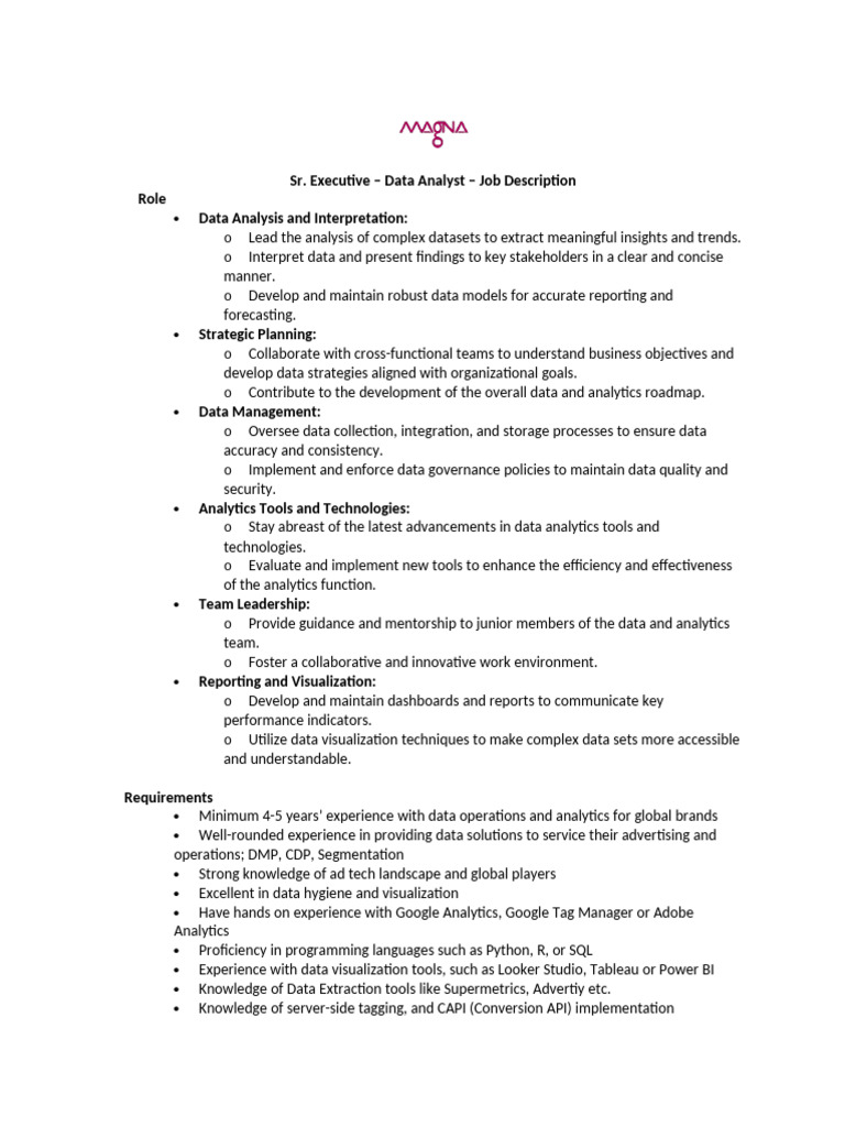 Sr. Executive Data Analyst Job Description | PDF | Analytics | Data
