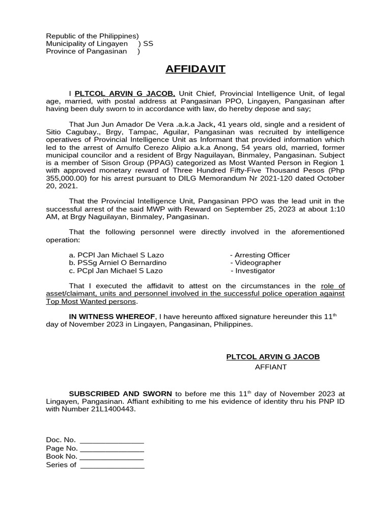 Affidavit Pltcol Jacob | PDF
