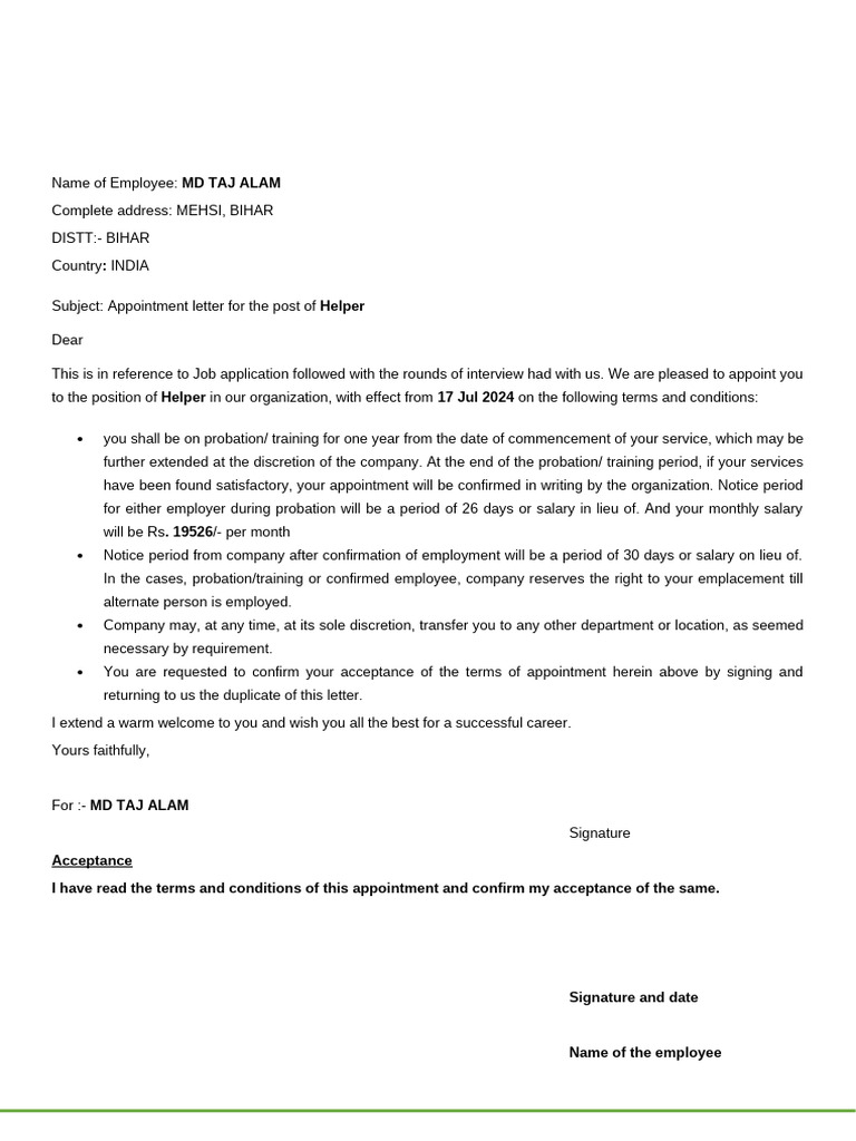 Appointment Letter | PDF