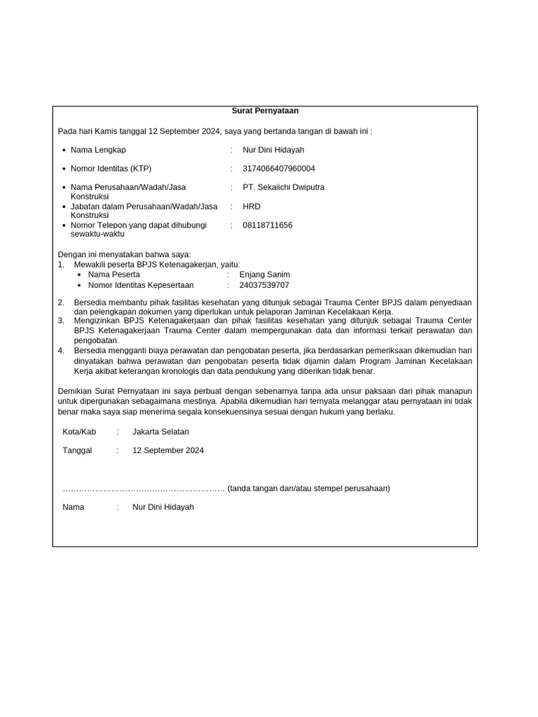 Standar Surat Pernyataan PLKK | PDF