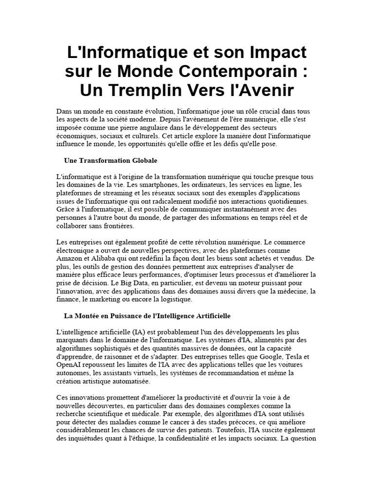 L'Informatique Et Son Impact Sur Le Monde Contemporain | PDF