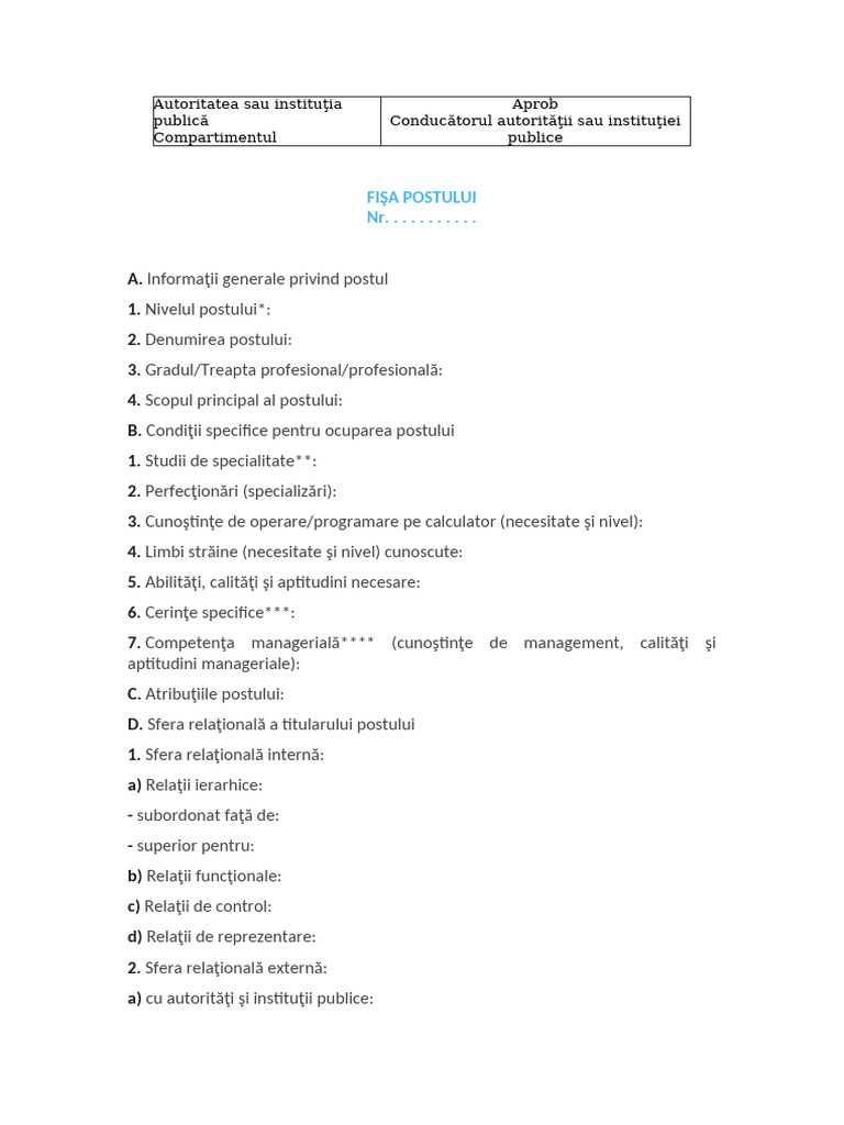 Model Fisa Post Actualizata Conform HG 13362022 Anexa A1 | PDF