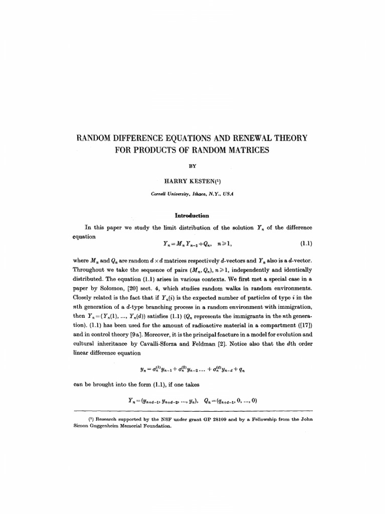 1973.Kesten.random Difference Equations and Renewal Theory for Products of Random Matrices | PDF