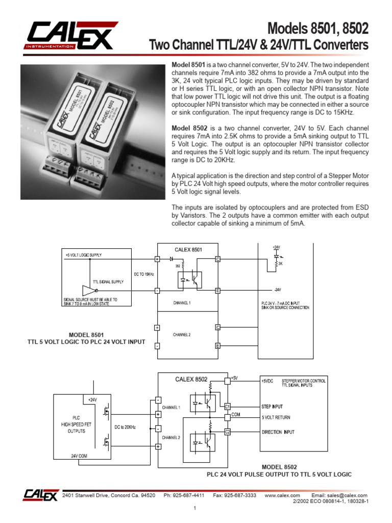 Models 8501, 8502: Two Channel TTL/24V & 24V/TTL Converters | PDF