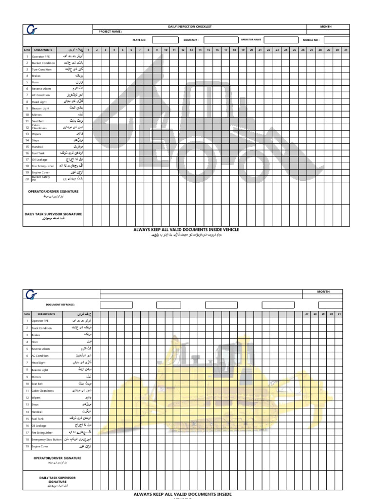 Daily Heavy Equipment Daily Checklist | PDF