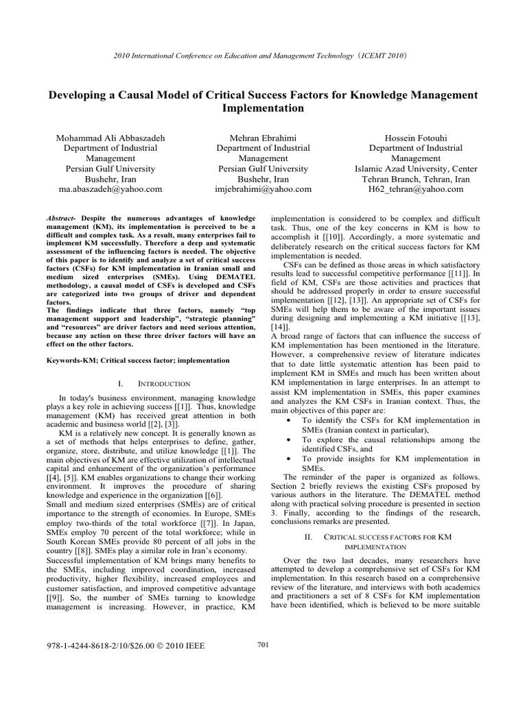 Developing a Causal Model of Critical Success Factors for Knowledge Management Implementation | PDF