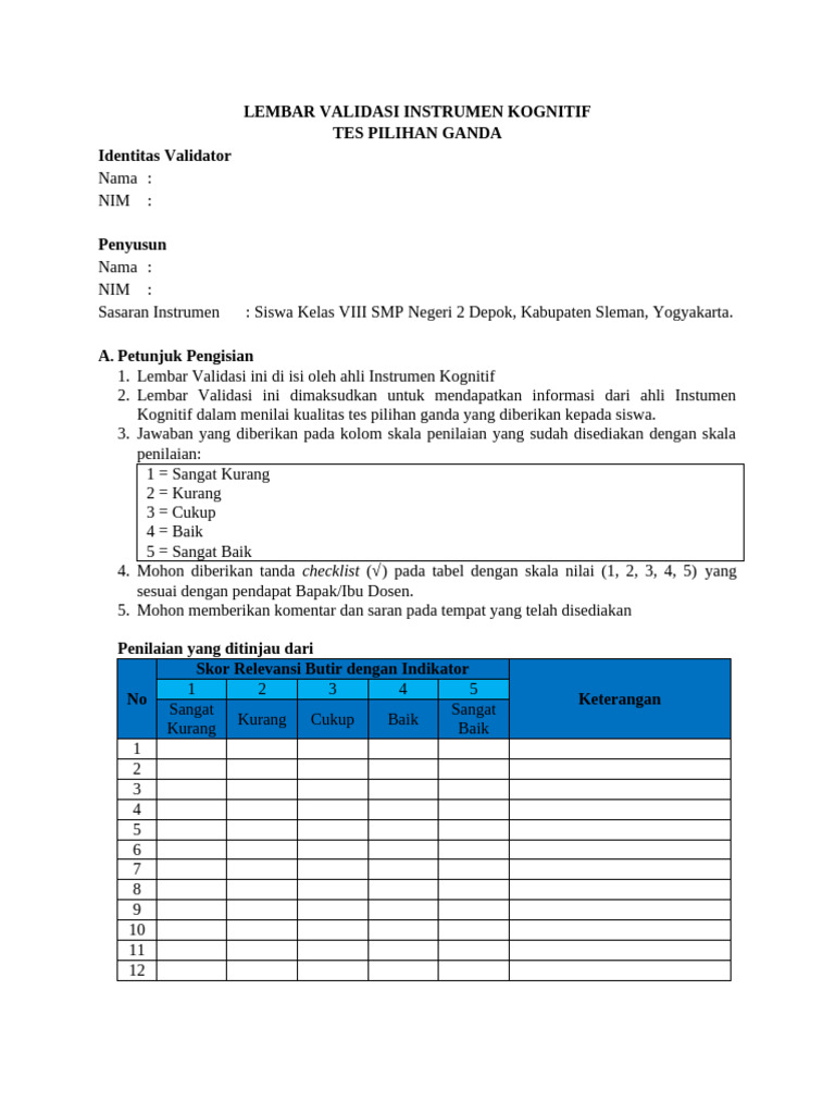 ANGKET VALIDASI INSTRUMEN (Sukriyanto J. Laminda) - Validator (.... ) | PDF
