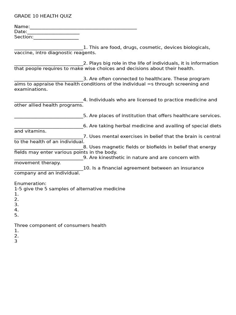 Grade 10 Health Quiz | PDF