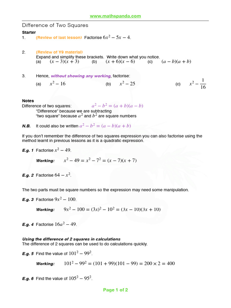 Difference of 2 Squares LESSON | PDF
