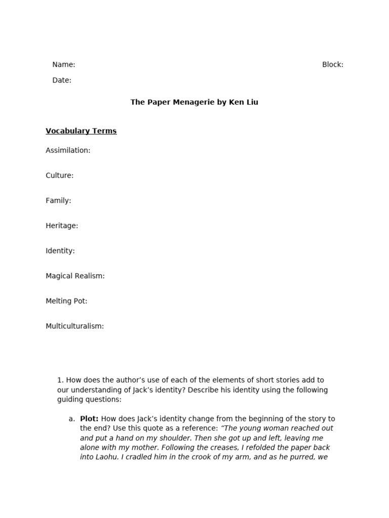 The Paper Menagerie Discussion Questions FINAL 207i12c | PDF