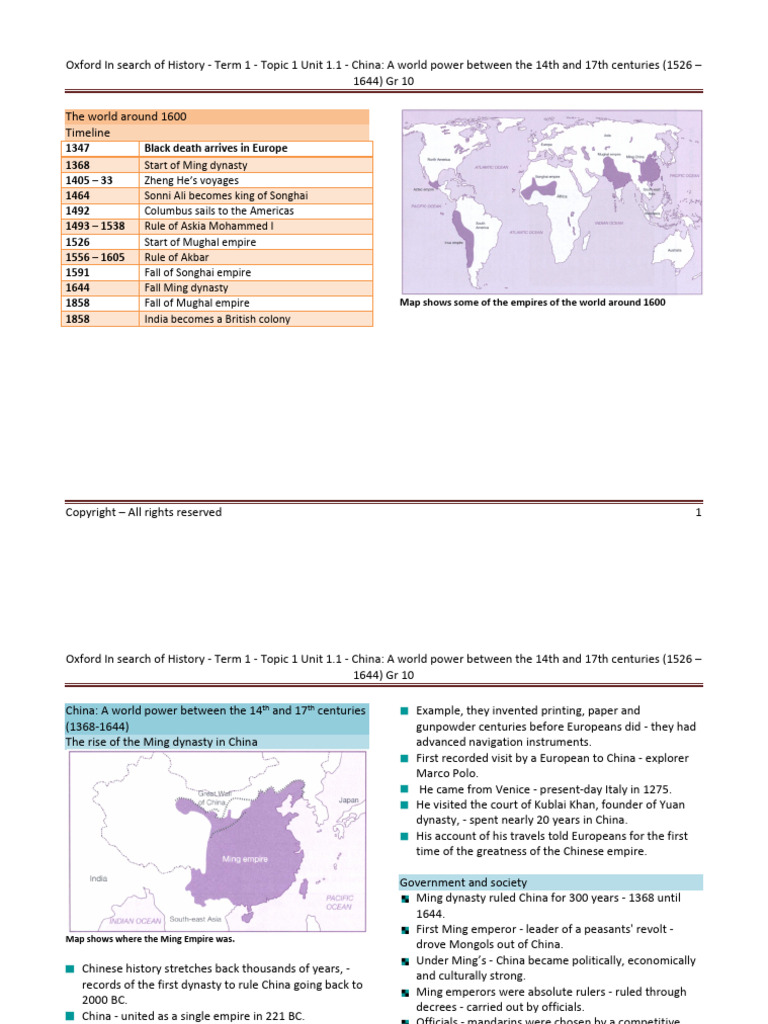 Term 1 - Topic 1 Unit 1.1 - China - A World Power Between The 14th and ...