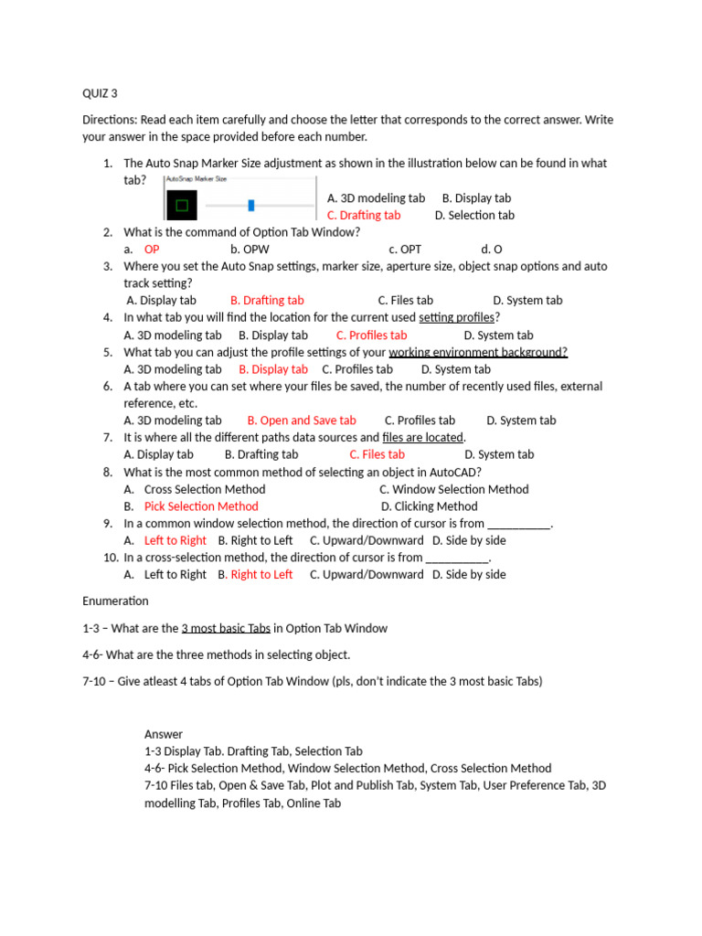 QUIZ 3 AutoCAD 20242025 With Key Answer | PDF | 3 D Computer Graphics | Art