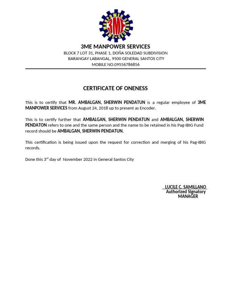 Certificate of Oneness | PDF