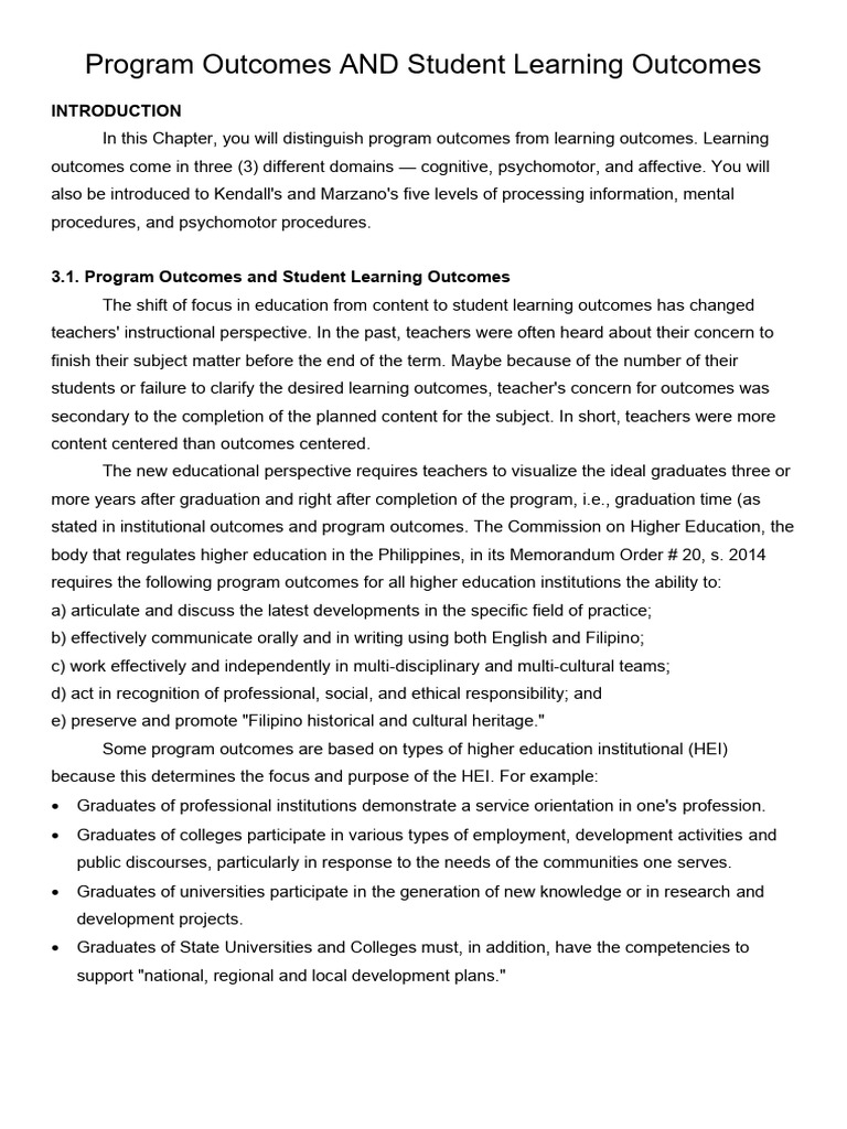 Program Outcomes AND Student Learning Outcomes | PDF