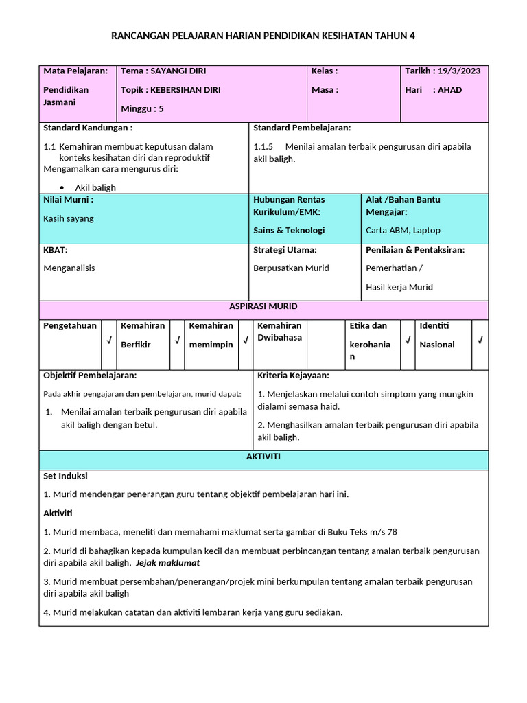 RPH PK TAHUN 4 2023 M5 at ARAS | PDF