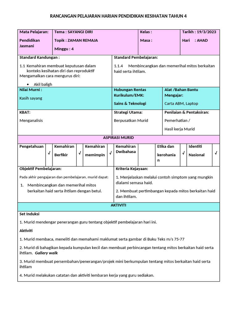 RPH PK TAHUN 4 2023 M4 at ARAS | PDF