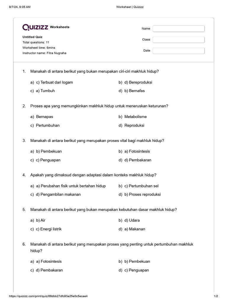 Worksheet - Quizizz | PDF