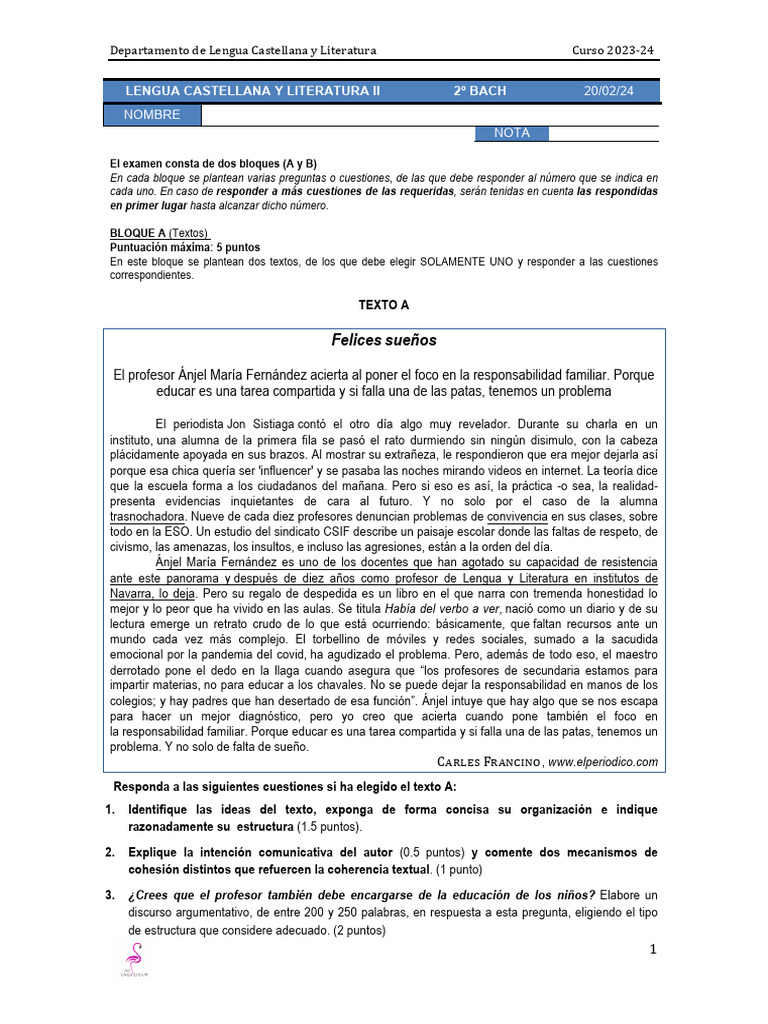 2.3. Examen Final 2 Ev - Lengua Castellana y Literatura Ii | PDF