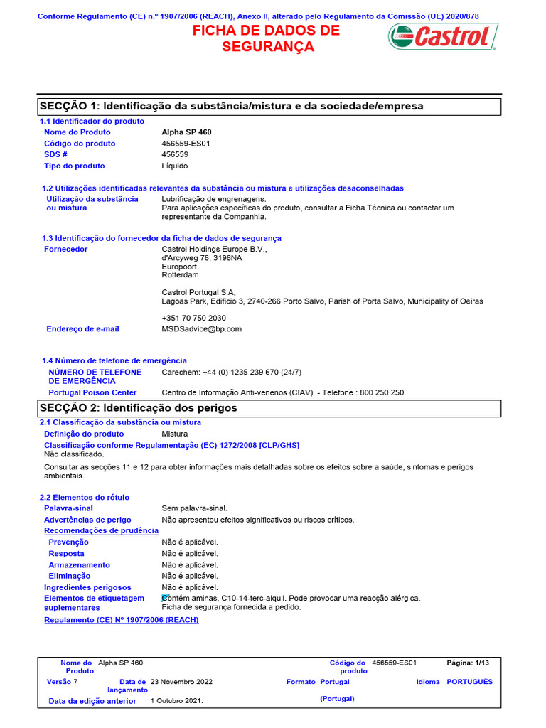 Massa - Castrol - Alpha SP 460 - Ficha Dados Seguranca | PDF