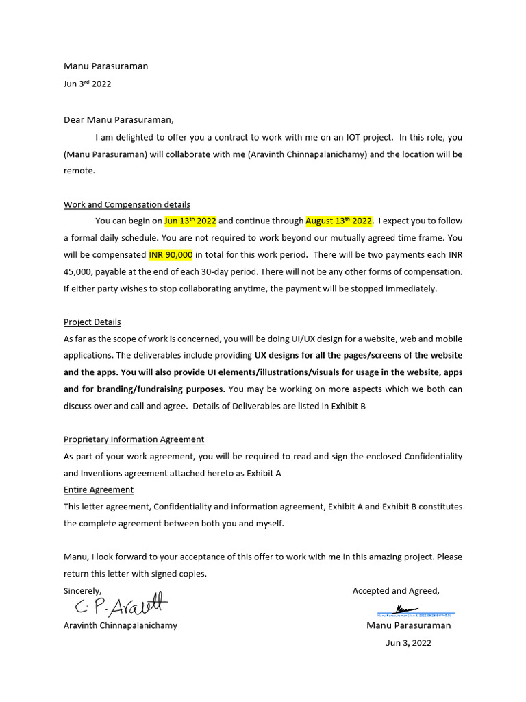 Contract Agreement Manu and Aravinth - Signed | PDF
