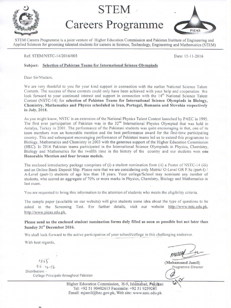 Selction of Pakistan Teams For Int. Science Olympiads | PDF