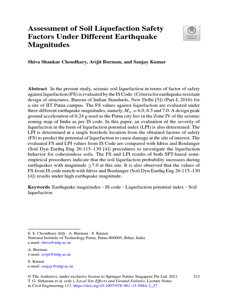 Assessment of Soil Liquefaction SafetyBOOK CHAPTER - 7ICRAGEE (IISc Bangalore - 2021) | PDF
