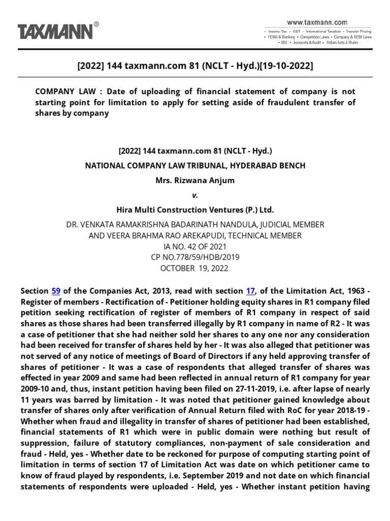 2022 144 Taxmann Com 81 NCLT Hyd 19 10 2022 Mrs Rizwana Anjum Vs Hira Multi Const | PDF