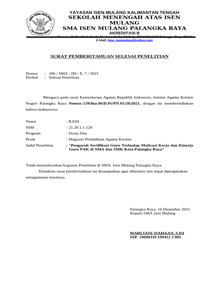 SURAT SELESAI PENELITIAN Baru BGT | PDF