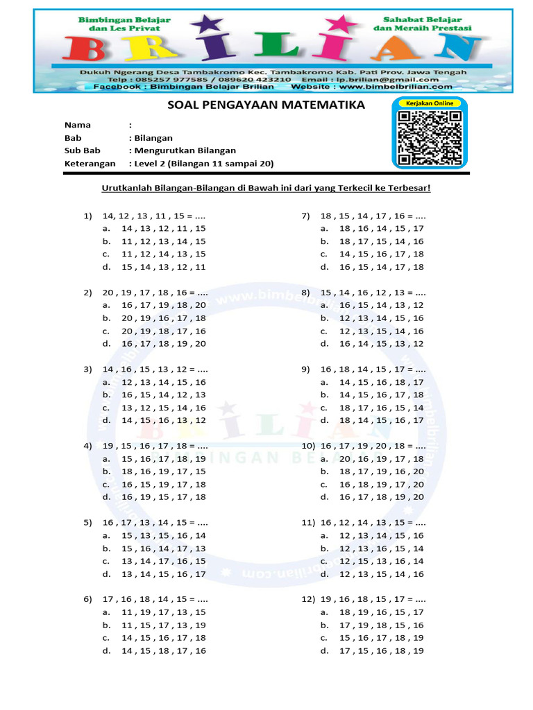 Soal Mengurutkan Bilangan 10 - 20 (Level 2) | PDF