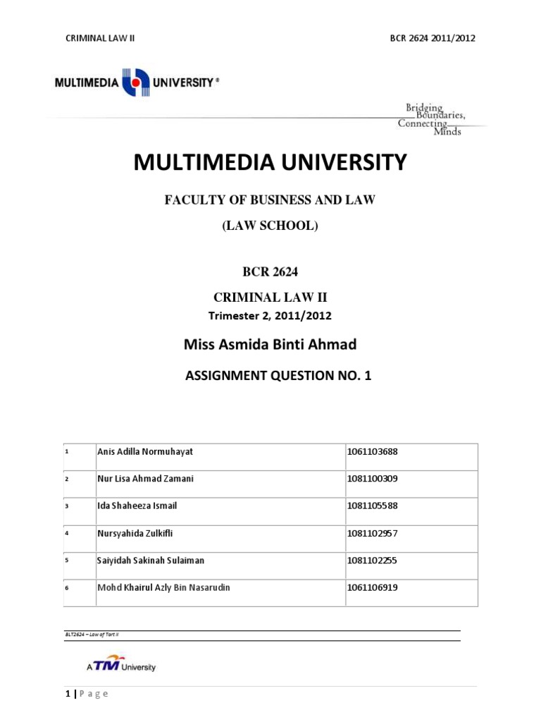 Criminal Law II Assignment - Finish | PDF | Conspiracy (Criminal) | Theft