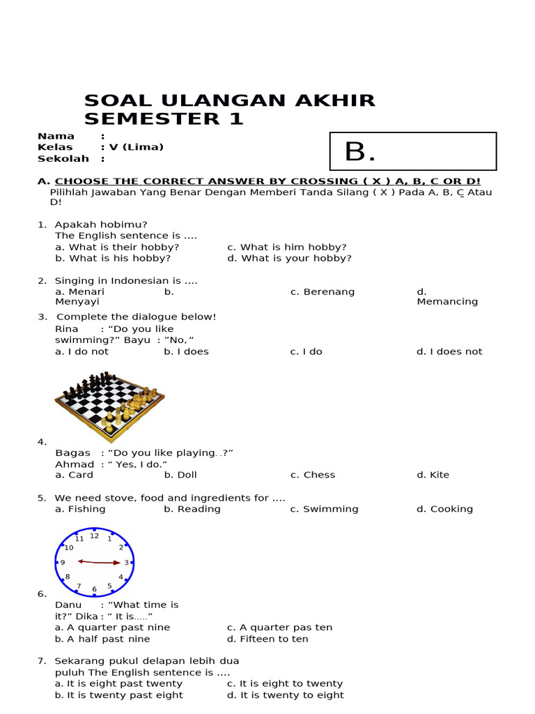 Soal UAS Bahasa Inggris Kelas 5 SD Semester 1 (Ganjil) Dan Kunci Jawaban | PDF