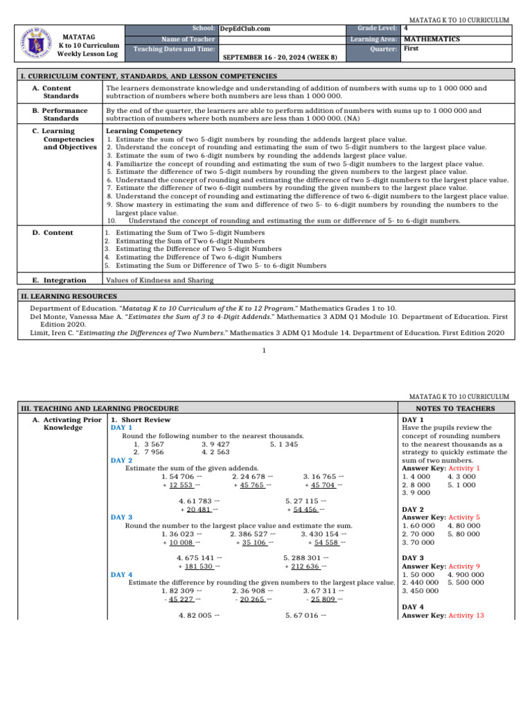 DLL Matatag - Math 4 Q1 W8 | PDF