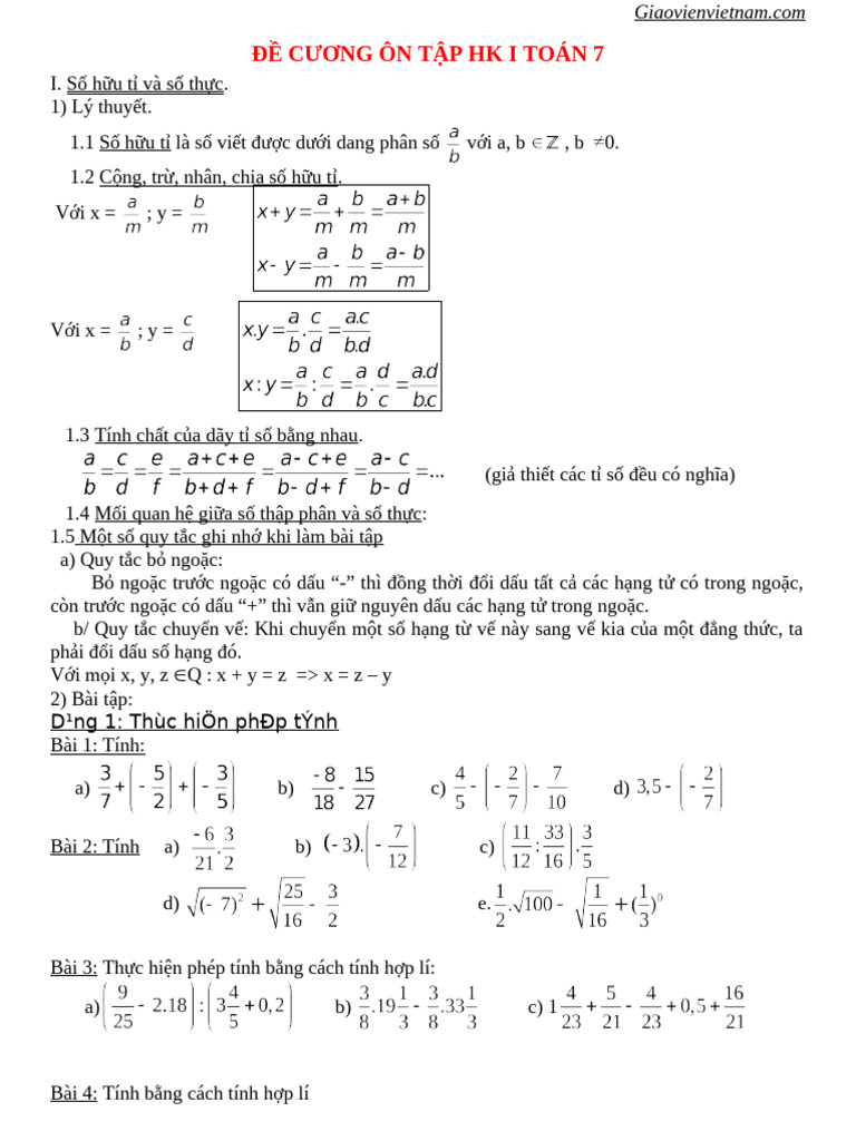 De Cuong On Tap Hoc Ki 1 Lop 7 Mon Toan | PDF